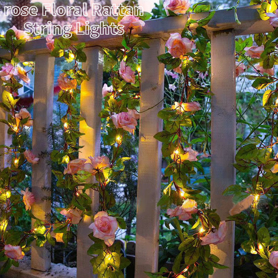 Solar Rose Floral Rattan String Lights Artificial Flower Silk Vine with ...