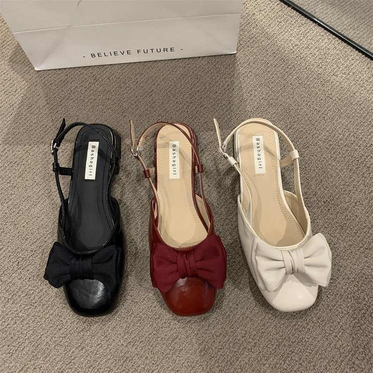 Bow Low Heel Shoes Women Ankle-strap bucklePUBaotou Chunky Heel Shoes ...