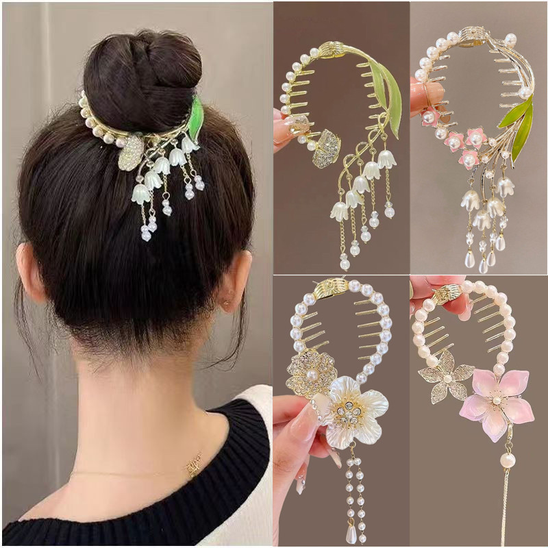 Pearl Flower Tassel Hair Bun Buckle Hairpin Back Brain Spoon Ball Head ...