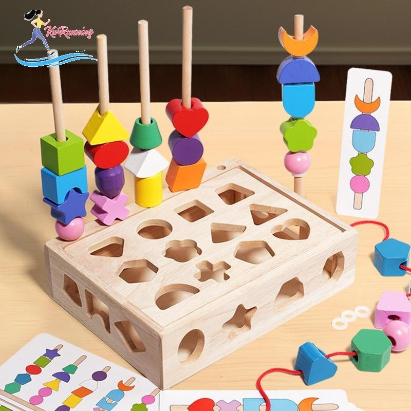 [Whweight] Wooden Beads Sequencing Toy Lacing Beads and Stacking Block ...