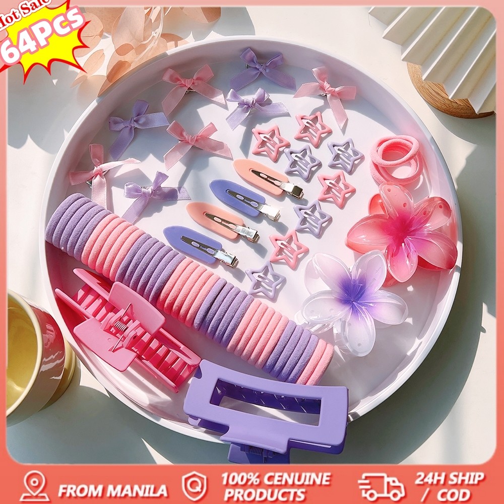 64pcs Hair Clips Flower Rectangle Bow Star Hair Pins Elastic Hair Rope ...