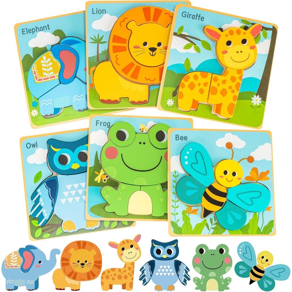 Wooden Children's Puzzles, 6-Piece Animal Puzzles, Montessori Preschool ...