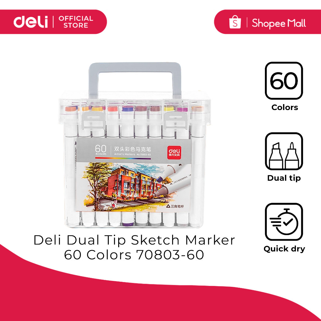 Deli 70803-60 Dual Tip Sketch Marker 60 Colors | Shopee Philippines
