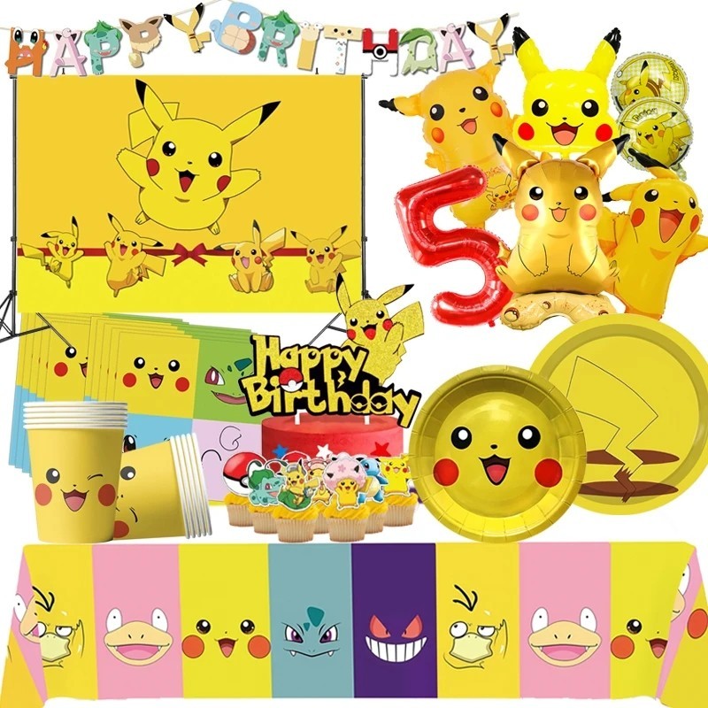 Pokemon Pikachu Birthday Party Tableware Cup Plate Cake Topper Balloon ...