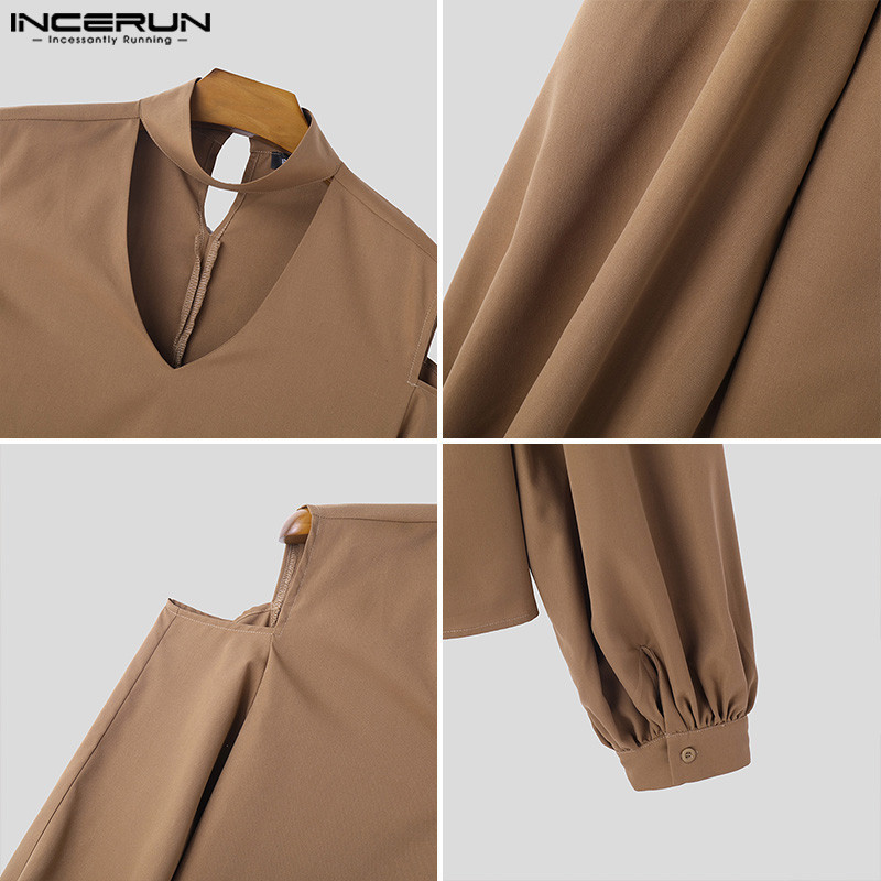 INCERUN Men Vintage V-Neck Long Sleeve Cut-Out Shoulder Design Shirts ...