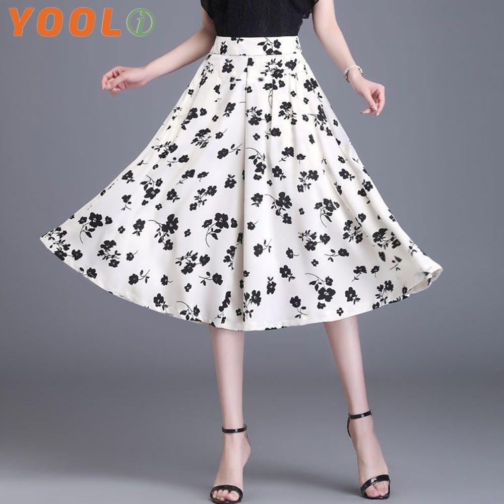 YooLi Women's Skirt Korean Fashion Floral Print Skirt New Elegant Mid ...