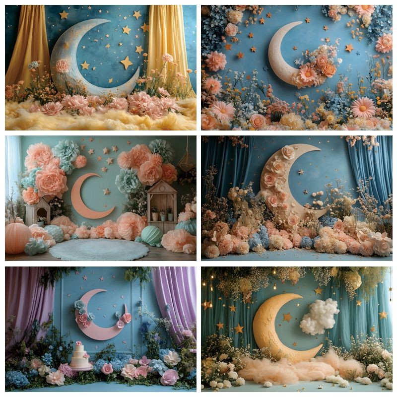 Blue Wall Moon Photography Backdrop Moon Star Clouds Tent Interior Room ...