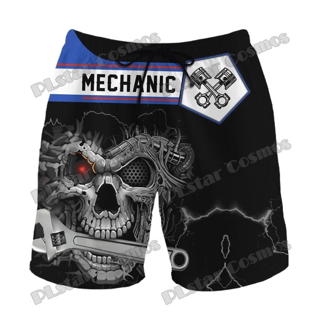 Custom Name Mechanic Skull Metal Pattern 3D Printed Men‘s Shorts Summer ...