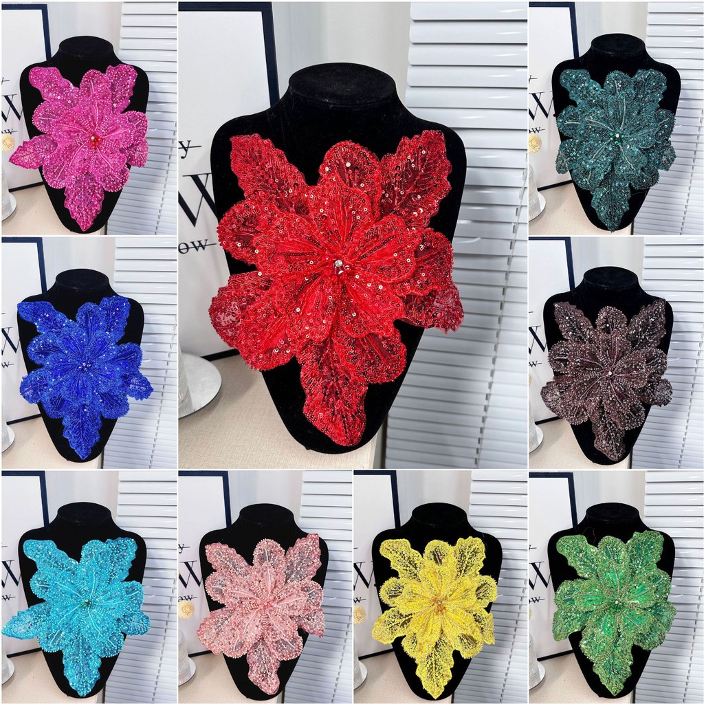 Sequin Beaded Chest Flower 3D Floral Lace Patches Multi Layered Applique Clothing Fabric Sewing ...