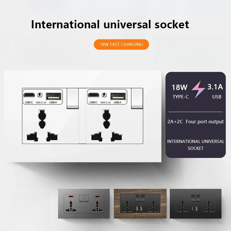 Universal 18W Type-C Plug Quick Charging Dual 3-Pin Power Socket 220V ...