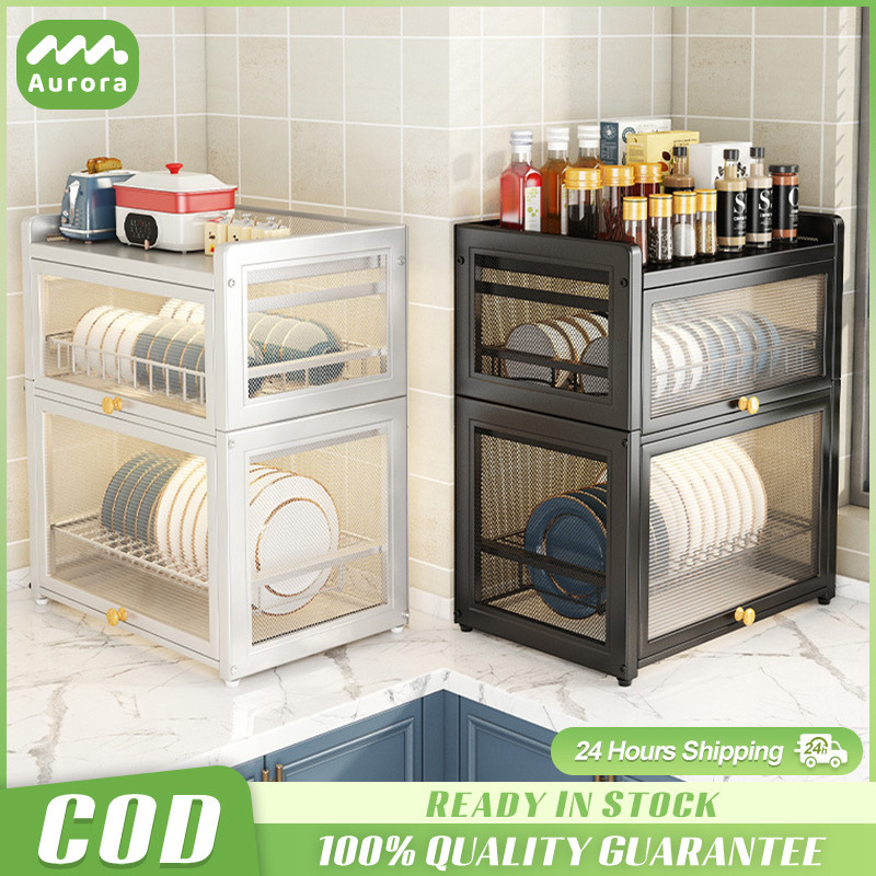 Dish Rack Cabinet Metal Kitchen Organizer Dish Cabinet With Cover Drainer Dish Drawer Dustproof ...