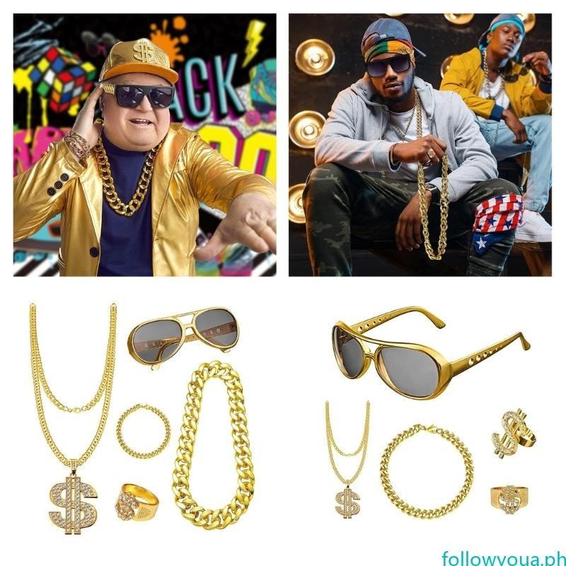 fol 80s 90s Hip Hop Costume Kit Cool Rapper Outfits Hat Sunglasses Gold ...