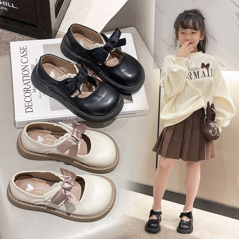 Black Shoes for Kids Girl Bow Soft Sole Doll Shoes Korean Style Floral ...