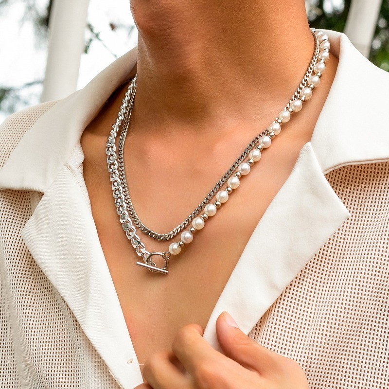 2pcs/set Fashion Pearl Metal Necklace Multilayer Pendant OT Chain ...