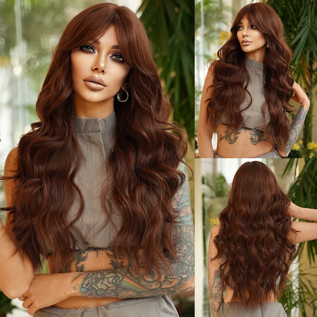 Cocoa Brown Long Curly Hair Side Bangs Big Wave Wig Women's Chemical ...