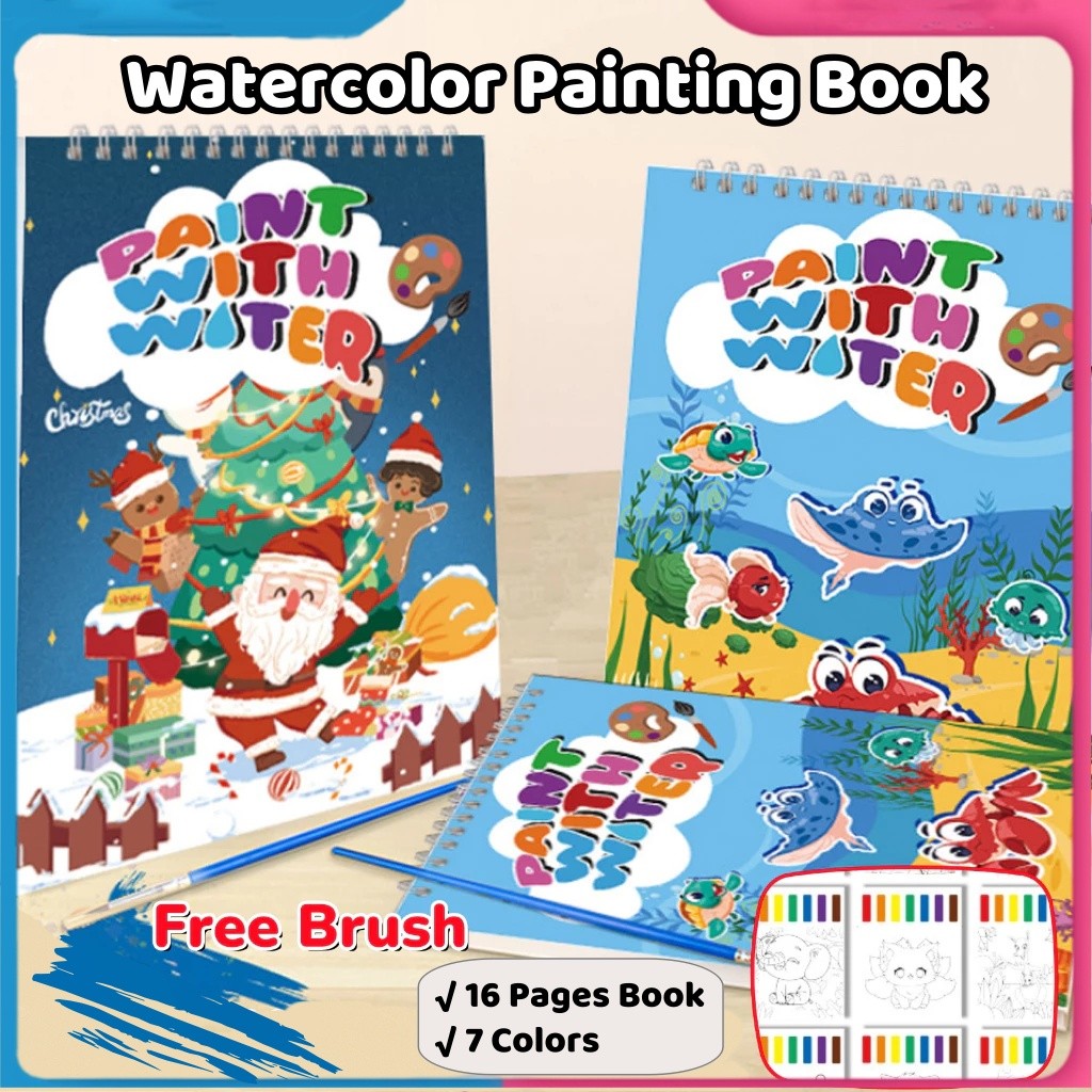16 Sheets Painting Coloring Book Set with Paintbrush Graffiti Pocket Watercolor for Kids Paint ...