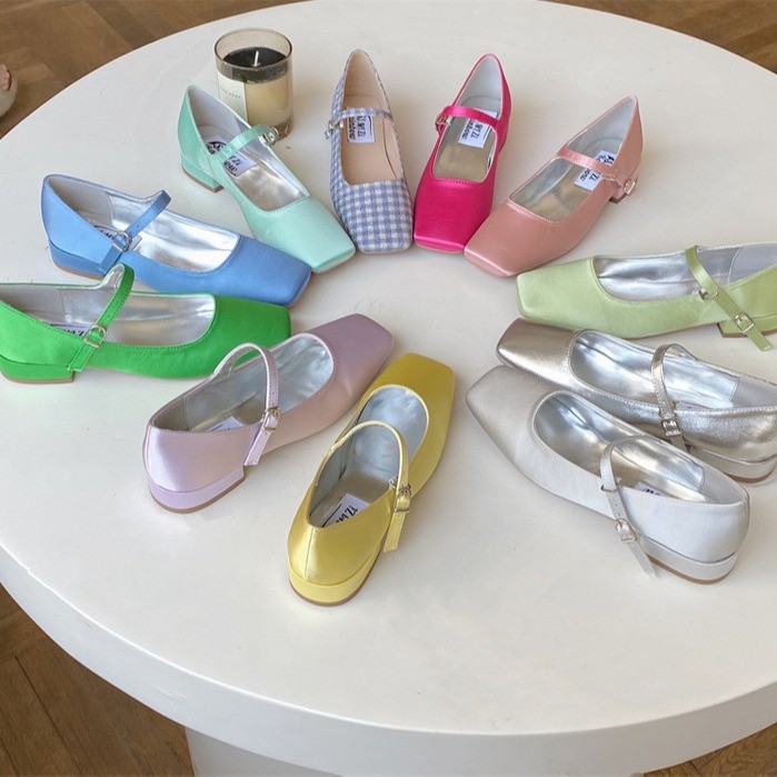French Retro Square Toe Satin Ballet Shoes with One-Strap Mary Jane ...