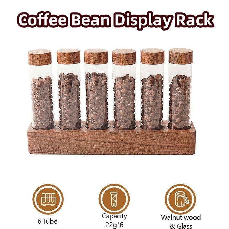 Yo-Fun Coffee Bean Display Rack with 6 Sealed Tube Bottle Walnut Wood ...