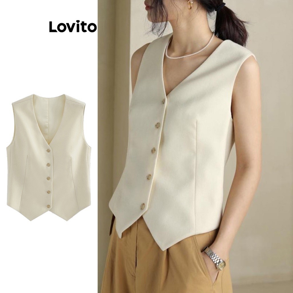 Lovito Women Elegant Plain Button Front Tank Top LNE43113 | Shopee ...