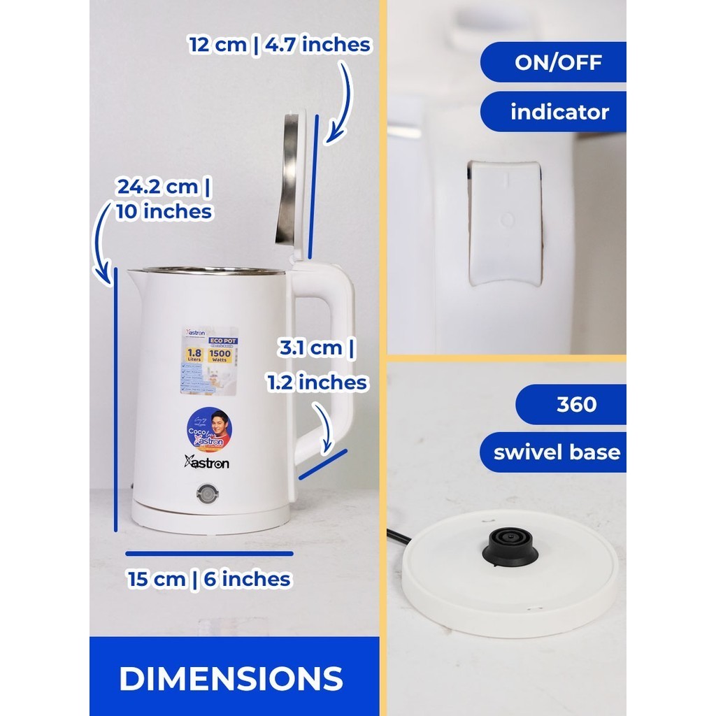 Astron ECOPOT Electric Kettle - Matte White | 1.8L | Safe-Touch Design ...