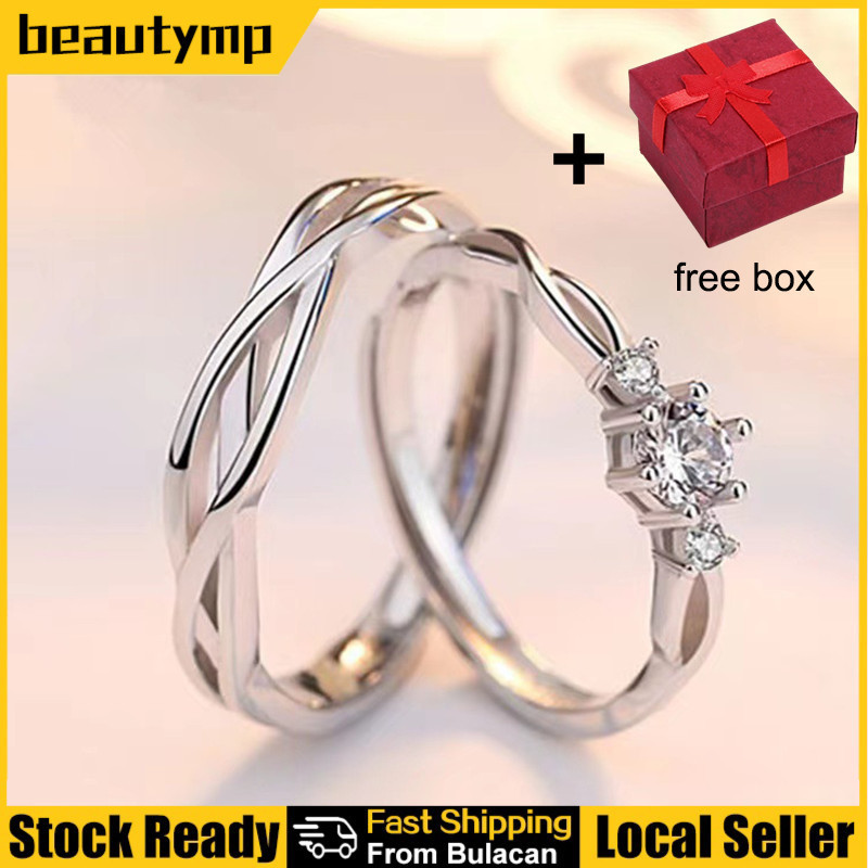 2 Pcs/set Diamond Couple Ring with Free Box Crystal Wedding Adjustable ...