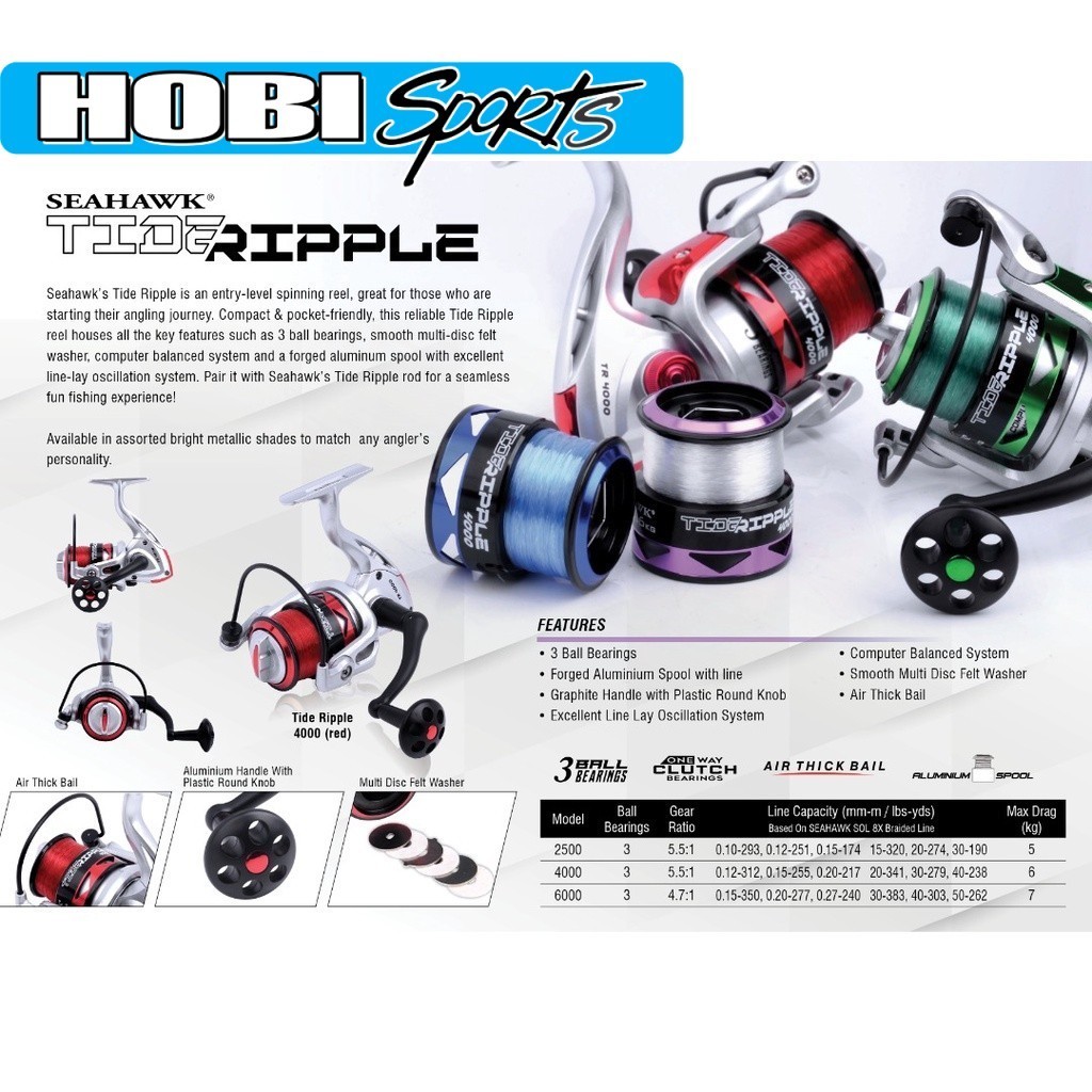 Seahawk Spinning Reel Tide Ripple/3 Ball Bearing + Graphite Handle with ...