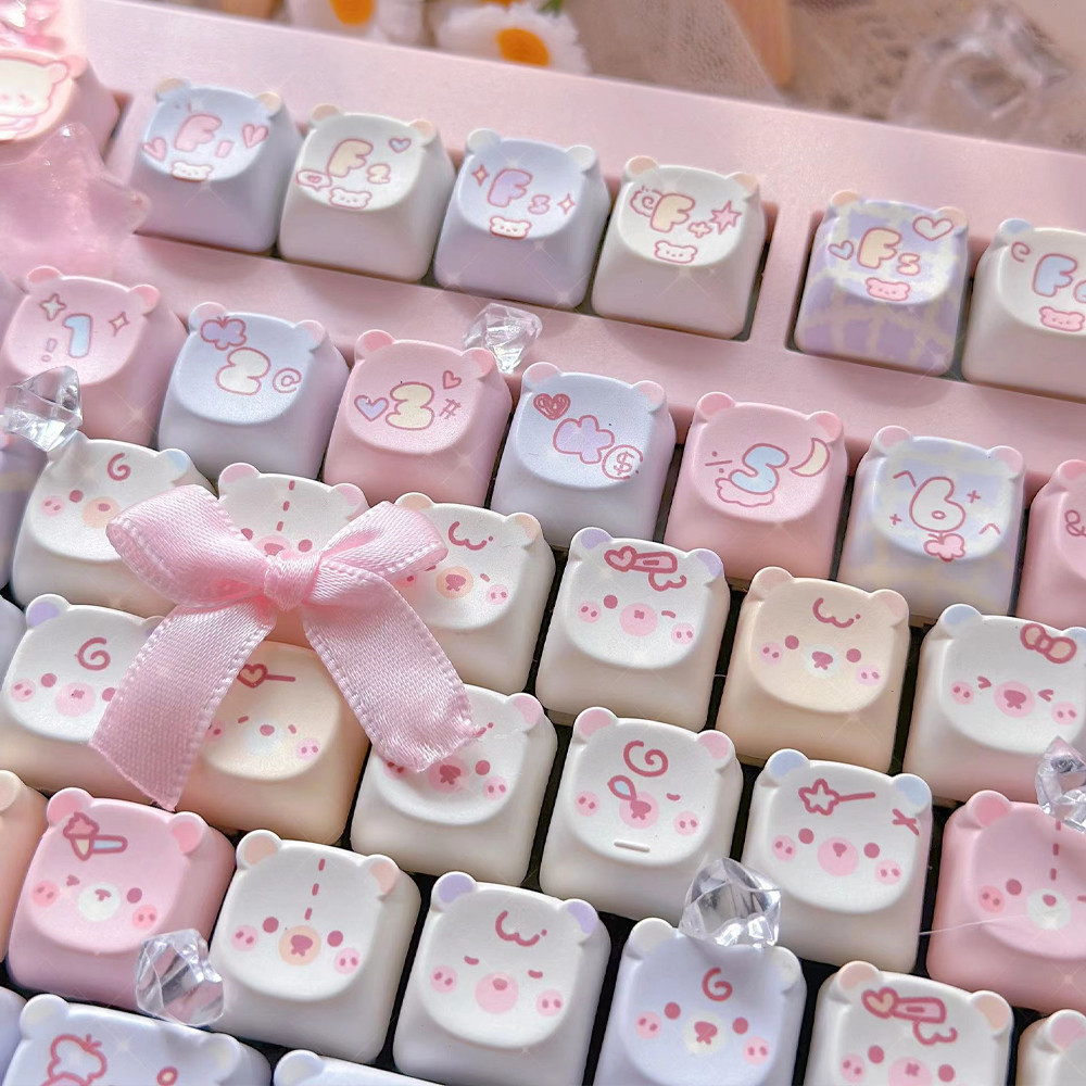 【Unique Bear Head Design】Creative Pink Keycaps EAO Profile Five Sides ...