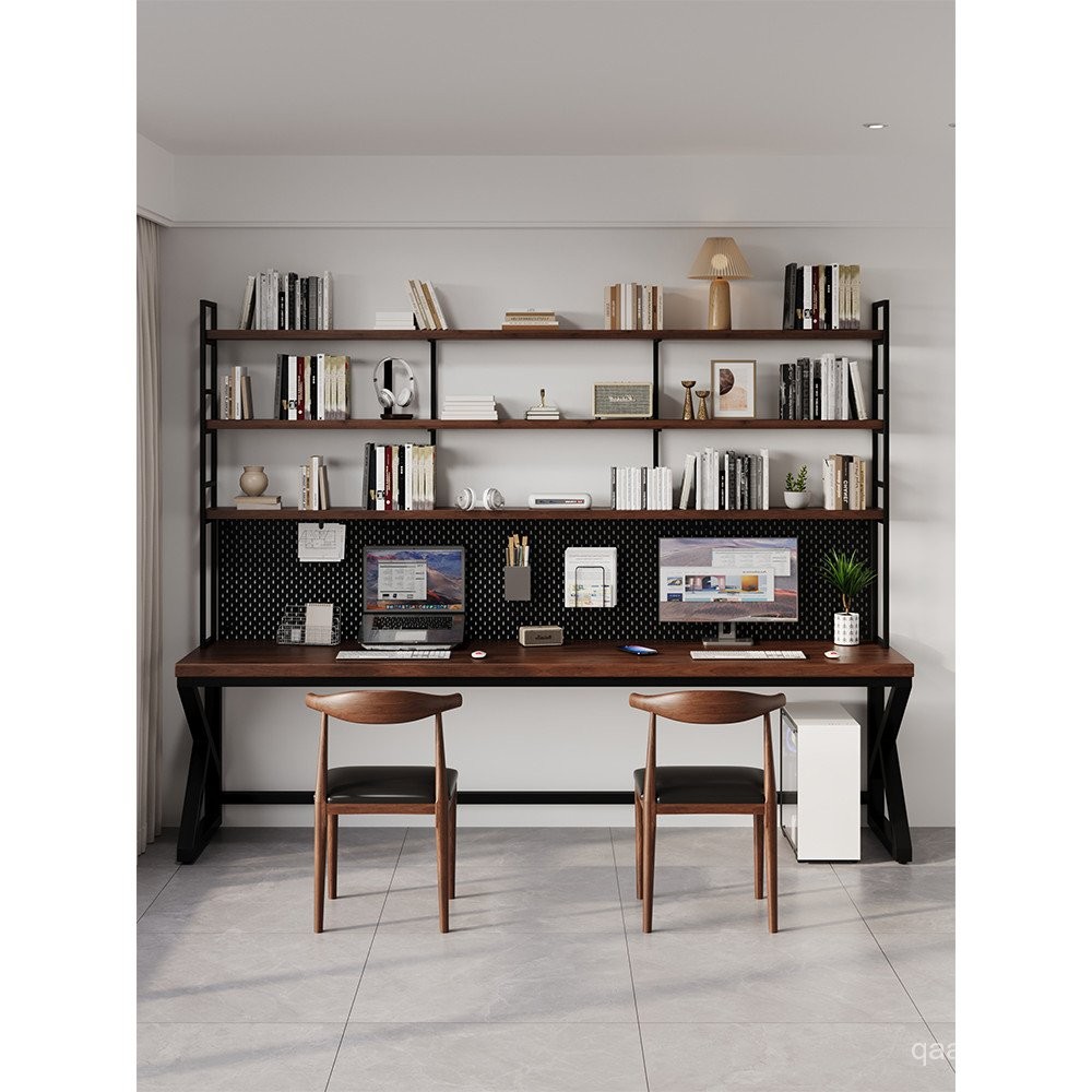 Solid Wood Double Desk with Integrated Bookshelf, Long Desk for Study ...