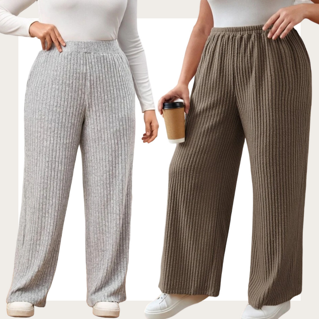 Hqucloo-- L to 5XL PLUS SIZE Knitted High Waisted Wide Leg Straight ...
