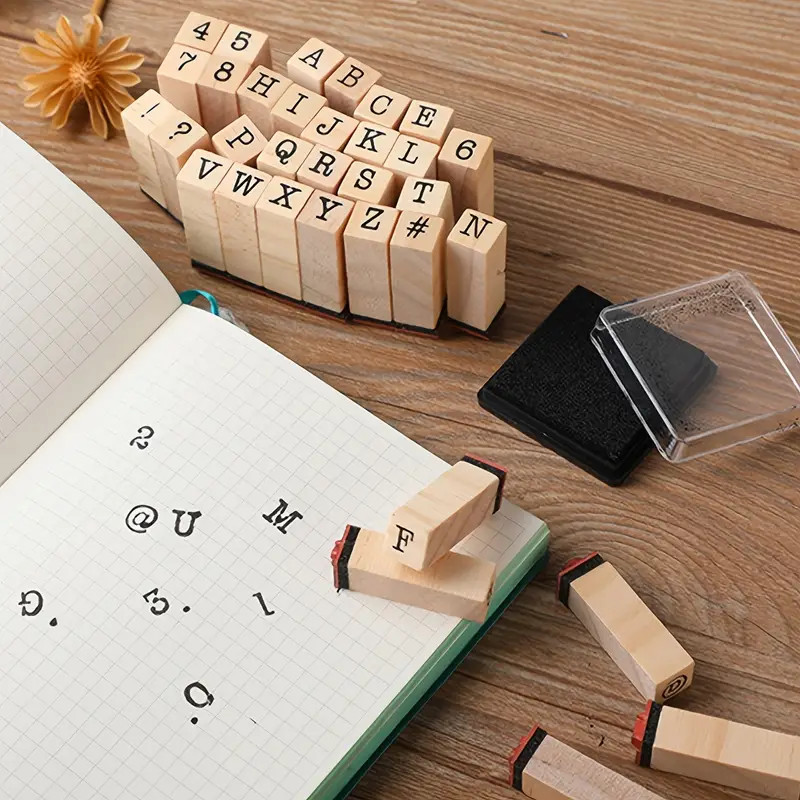 40Pcs Alphabet Stamps Wooden Rubber Letter Number Symbol Stamp Set With ...