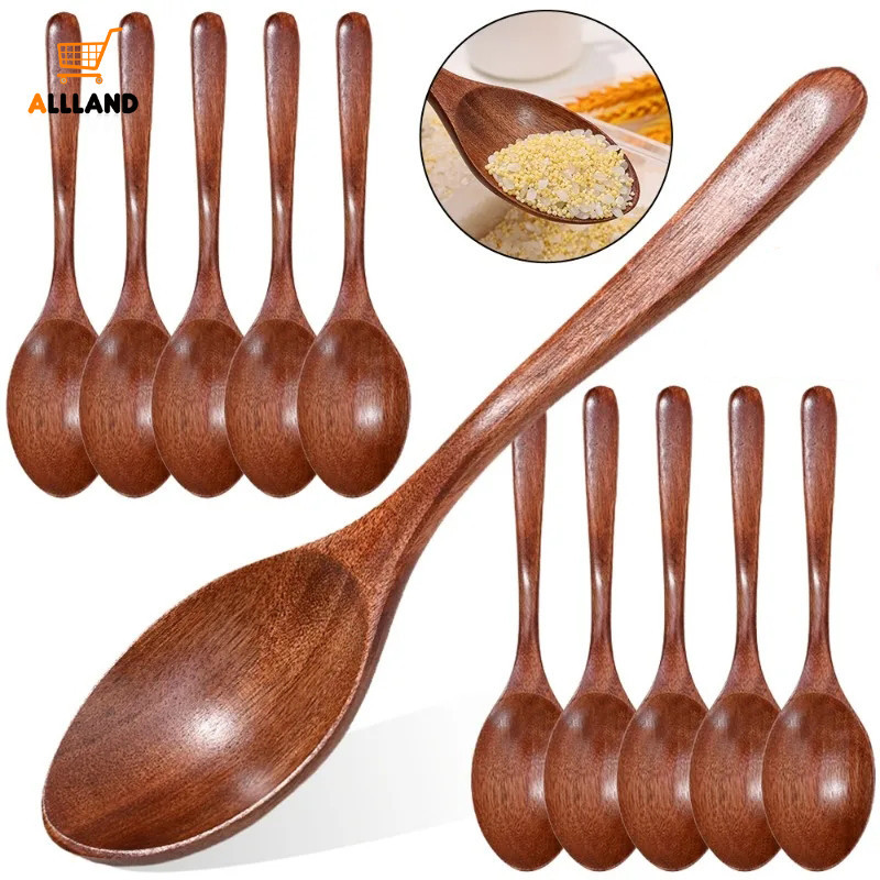 5 Types Wooden Soup Spoons Long Handle Coffee Milk Honey Teaspoon Salt ...