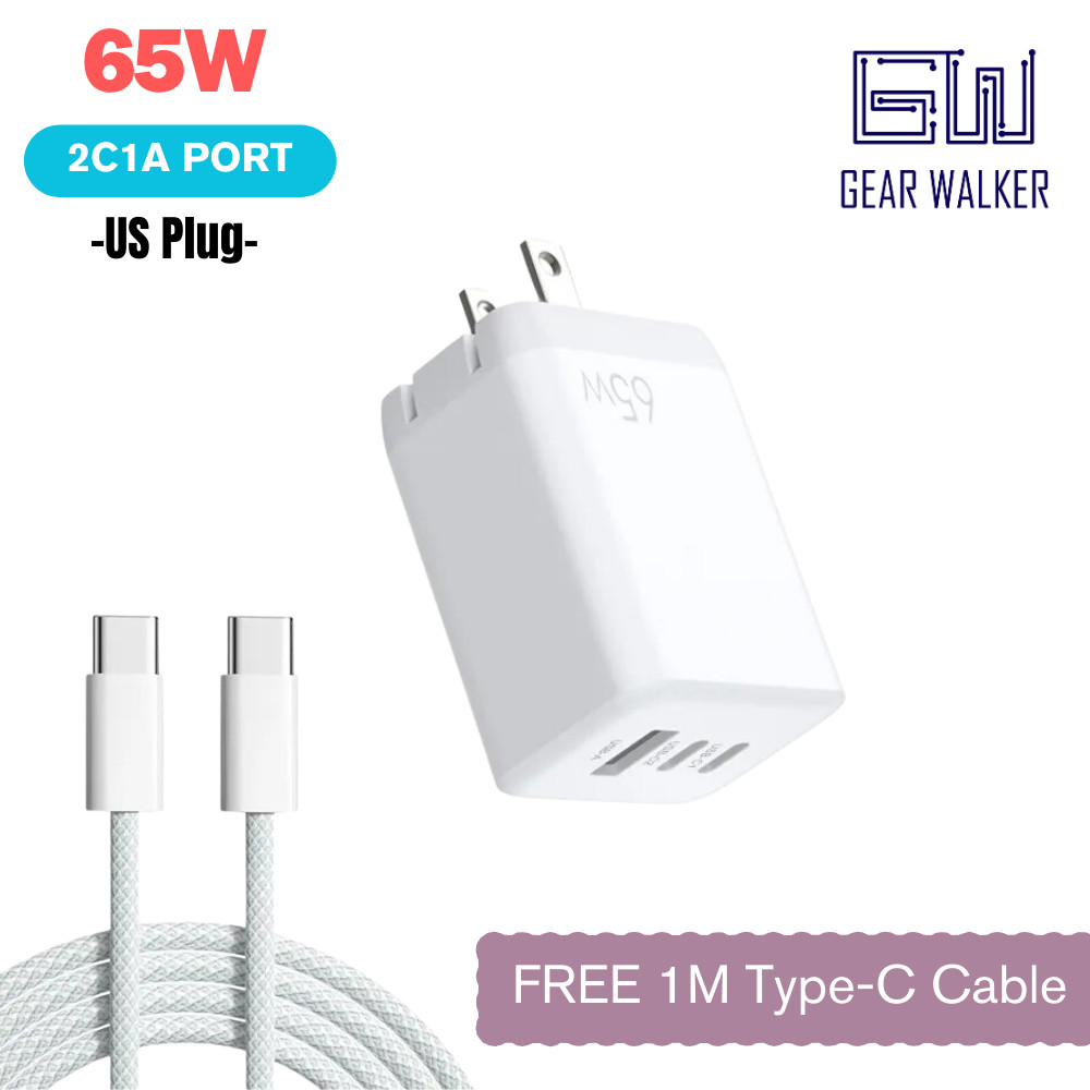 (FOC 1M Type-C Cable) Gear Walker PD 65W 3-Port USB-C Wall Charger US ...