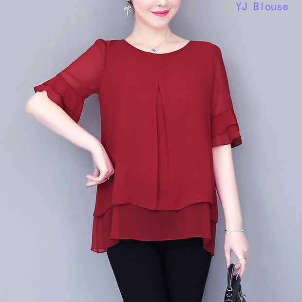 Chiffon Blouse for Women Plus Size Summer Loose Mid-length Short ...