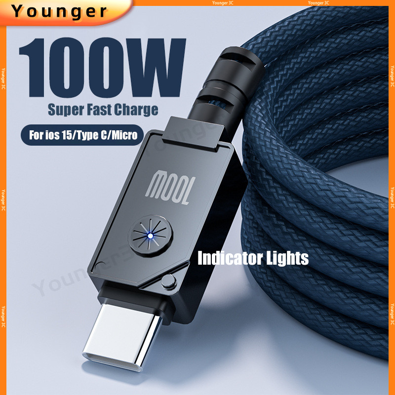 100W Super Fast Charging Cable With Indicator Light Zinc Alloy Weave ...