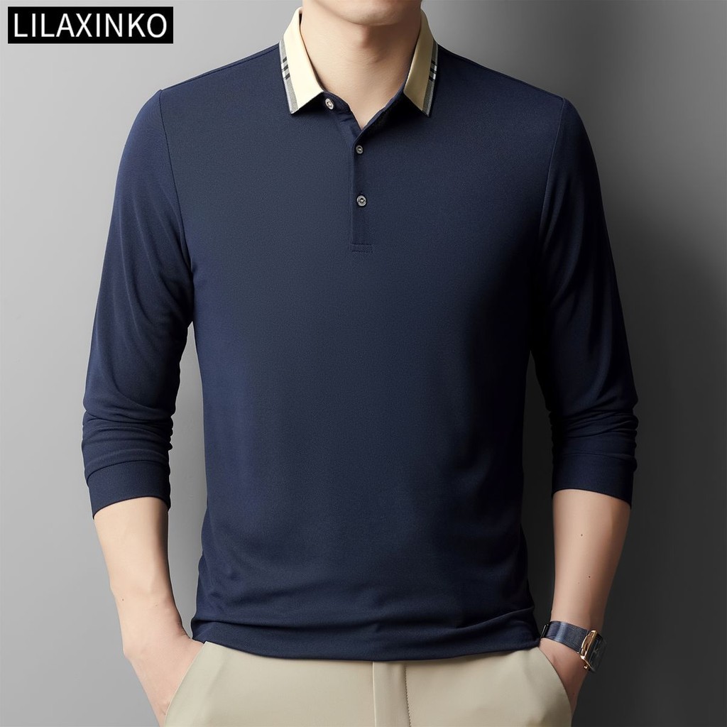 Polo Shirt Men Clothing Cotton Plain Solid Color Basic Long Sleeve T ...