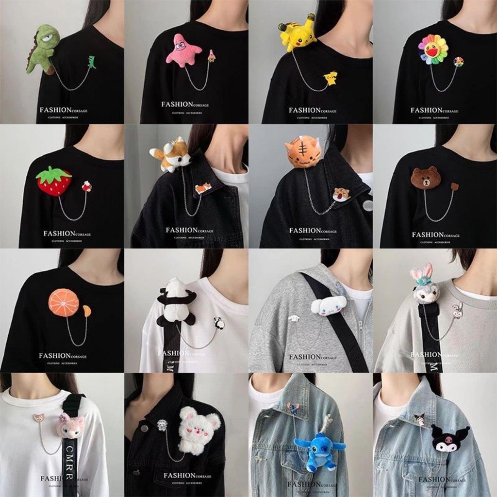 Women's cartoon doll Papa Panda chain brooch Pikachu dinosaur alloy pin ...