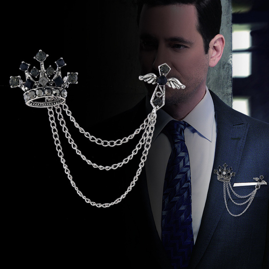 1 Pc Retro British Style Men's Suit Brooch Crown Cross Fringe Chain ...