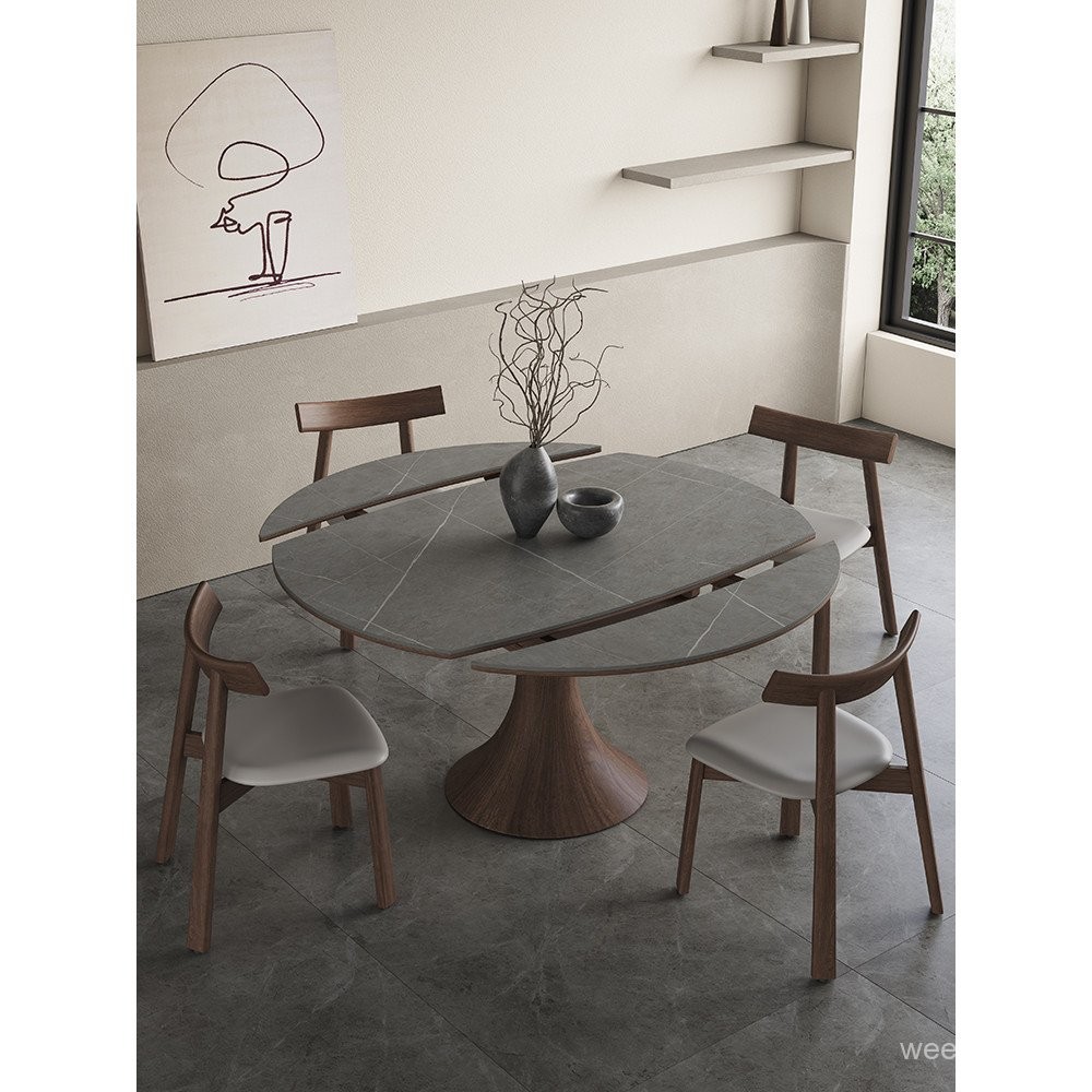 Nordic Solid Wood Dining Table with Induction Cooker, Convertible Round ...