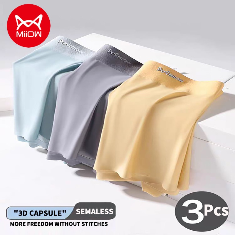 MiiOW 3Pcs Ice Silk Boxers Man Underwear Seamless Sexy Big Pouch Underpants Male Antibacterial ...
