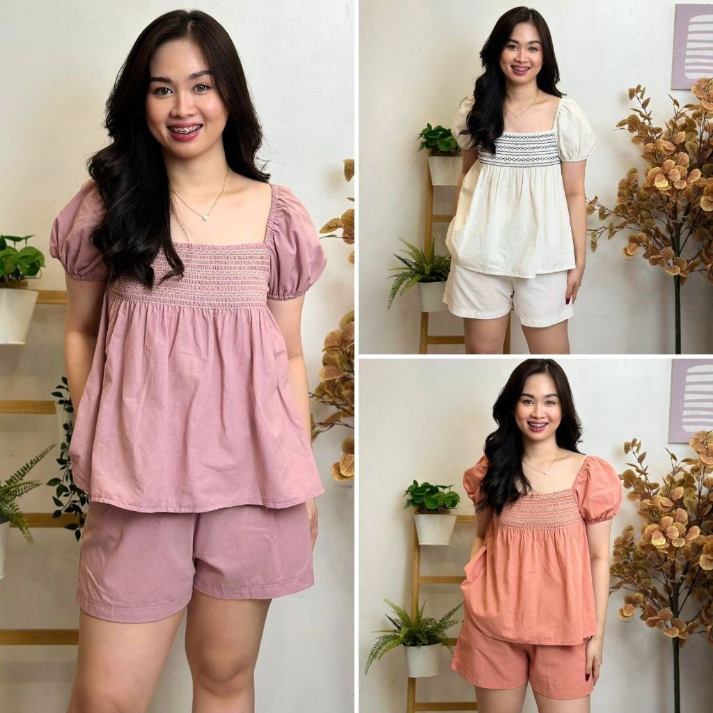 YAMARI PH Althea Puff sleeve smocking Top and Pocket Shorts Terno ...