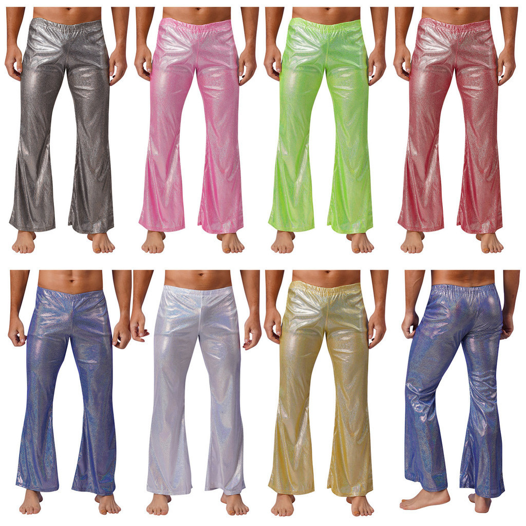 Kvysinly Mens Metallic Shiny Flare Stage Pants Elastic Waistband Wide ...