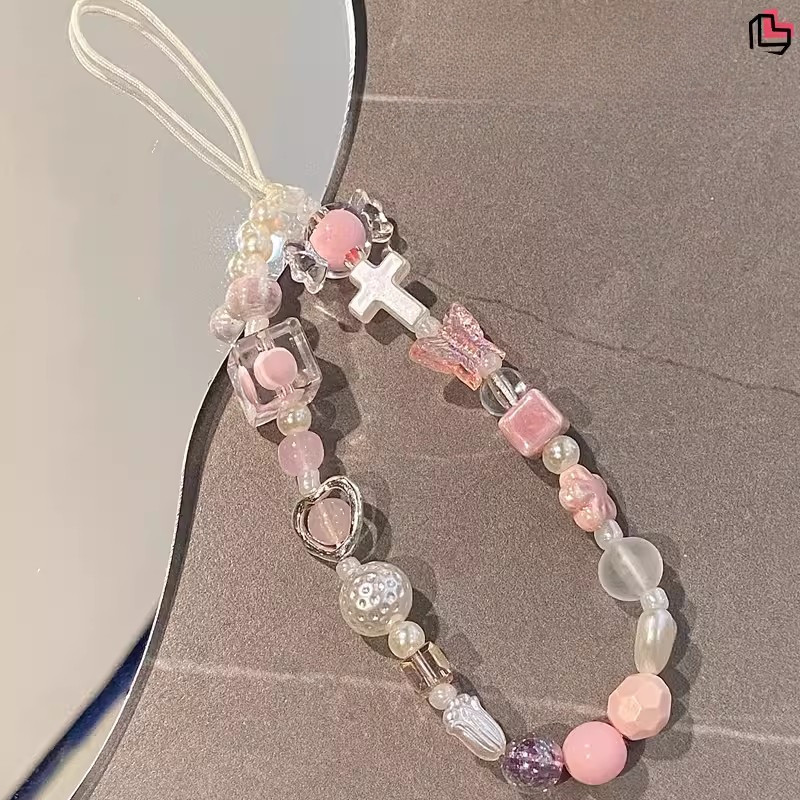 Y2K Glass Flower Bead Pink butterfly mobile phone chain handmade diy ...