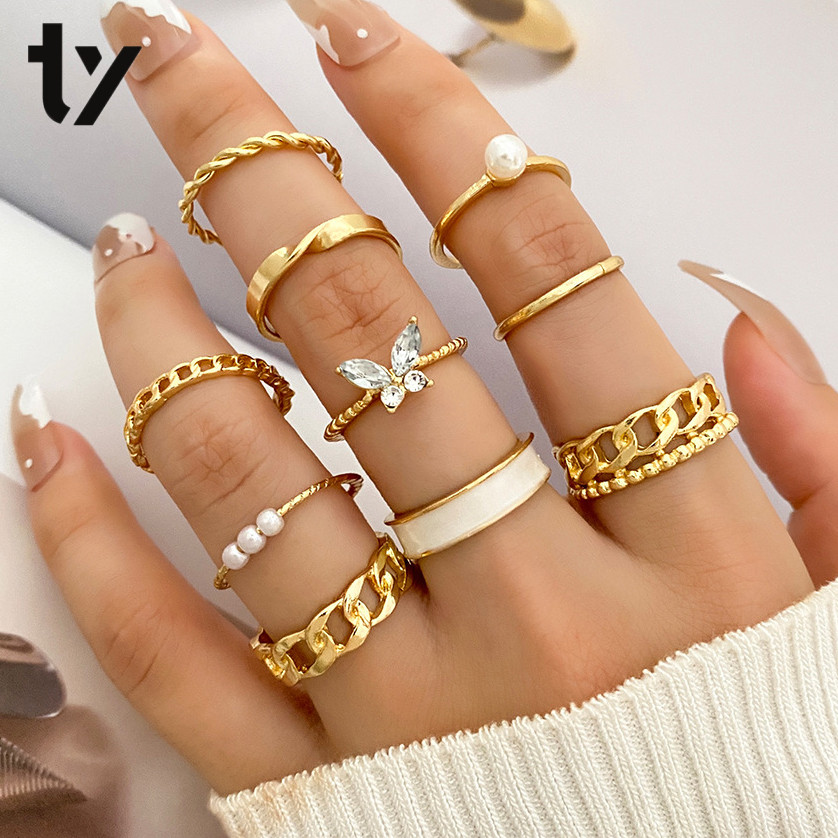 Retro Gold Pearl Crystal Adjustable Butterfly Moon&Star Rings Set for ...