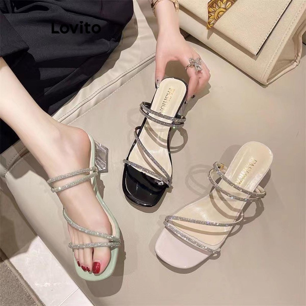 (Lovito Refine) Women Elegant Plain Rhinestone Simple Transparent Block ...