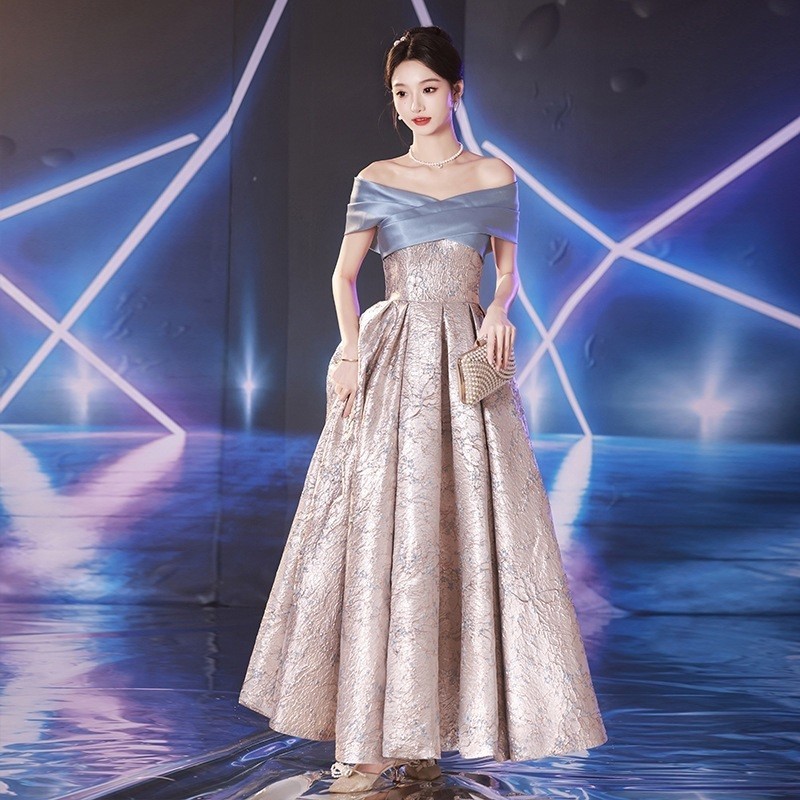 Satin Blue Banquet Evening Dress Elegant Off-shoulder Slim Princess ...