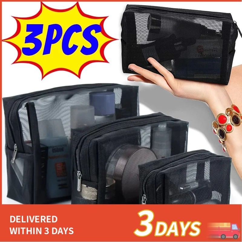 3Sizes Black Mesh Makeup Bag/Portable Travel Transparent Cosmetic Bags ...
