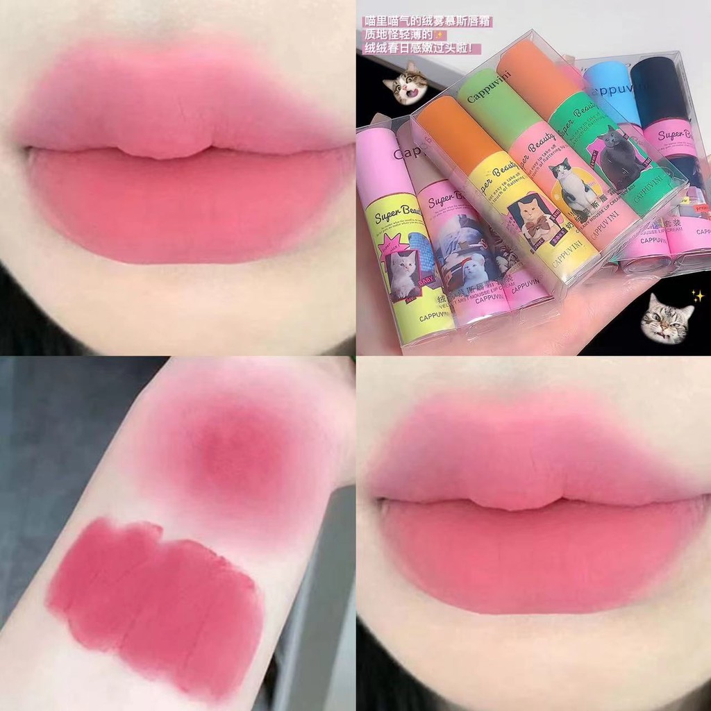 Kabu Winnie Cat Lip Glaze Three-Piece Set Box Milk Cake Lip Cream Soft ...