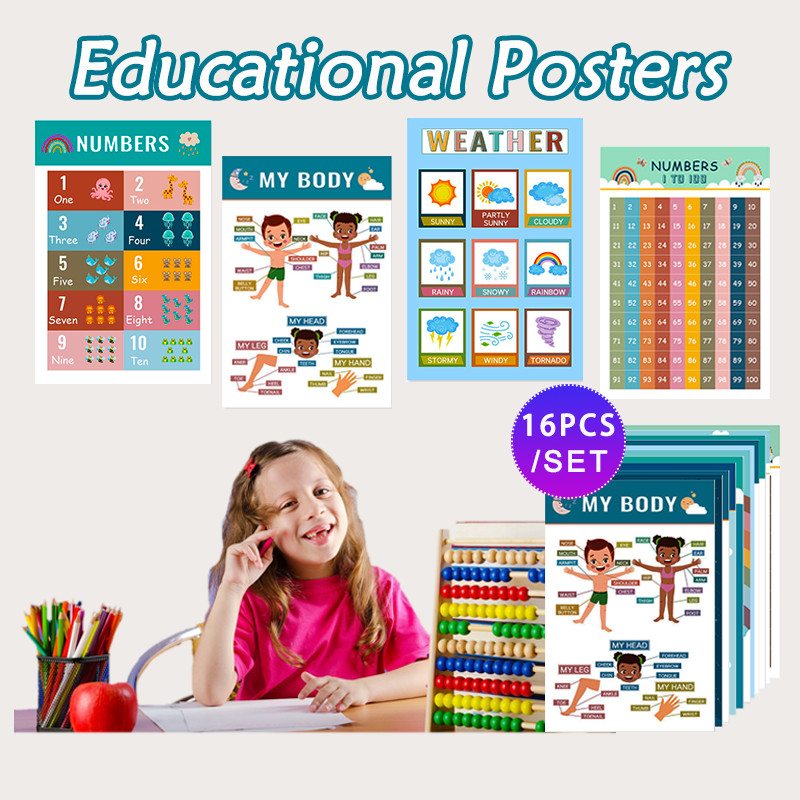 16pcs Chart for Kid Educational Set English Alphabet Numbers Colors ...