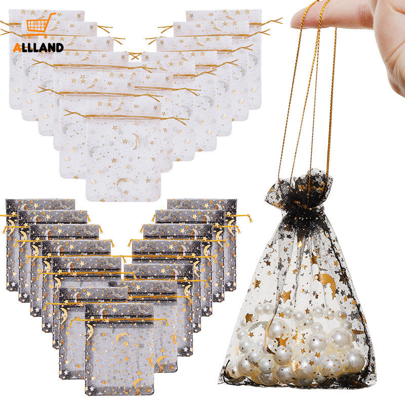 50 Pcs/ Set Transparent Gold Star Moon Organza Drawstring Bag Eid ...