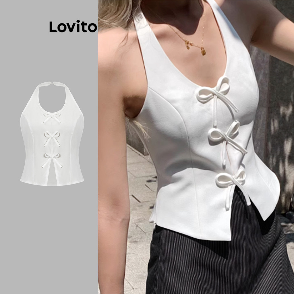 Lovito Women Casual Tank Top Plain Bow Split Front Tank Top L104ED665 ...